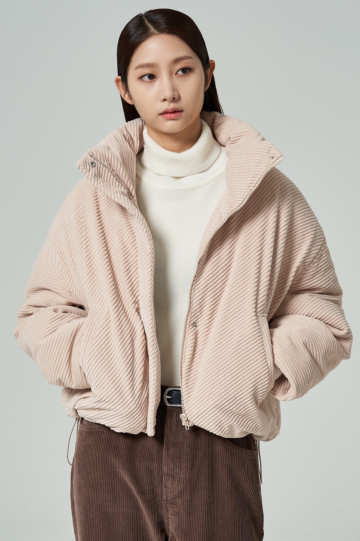 8seconds Corduroy High Neck Volume Padding Beige | Puffer for Women | KOODING