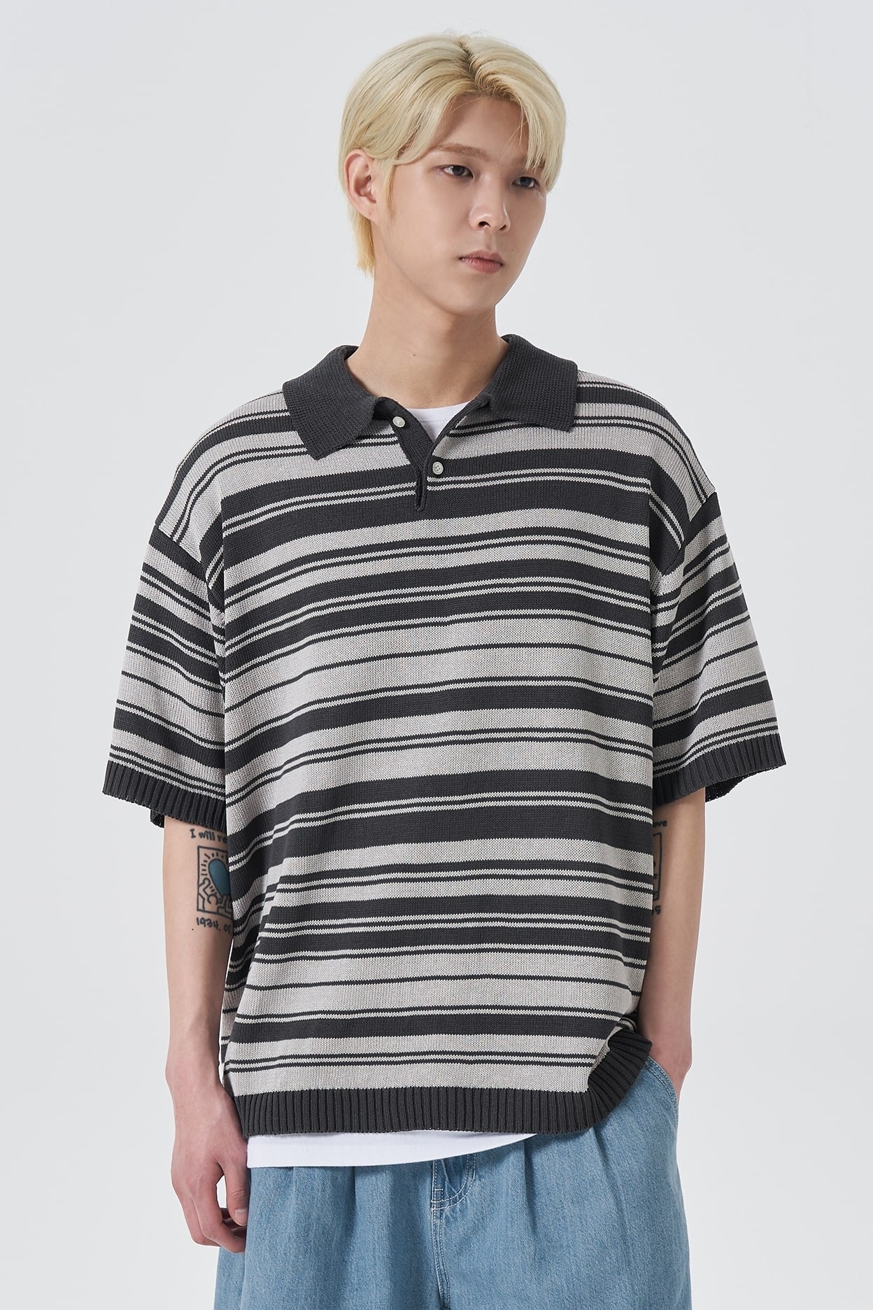 8seconds Multi Stripes Collar Knit Pullover Ash | Polos for Men | KOODING