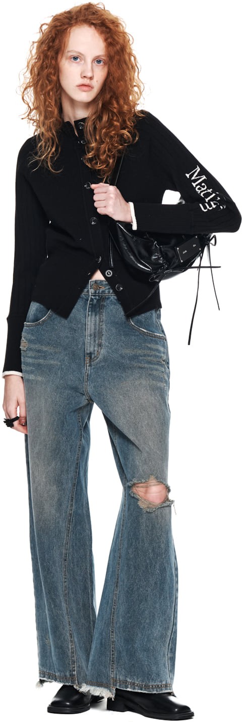 Matin Kim High Neck Sleeve Logo Knit Cardigan In Black | Turtlenecks ...