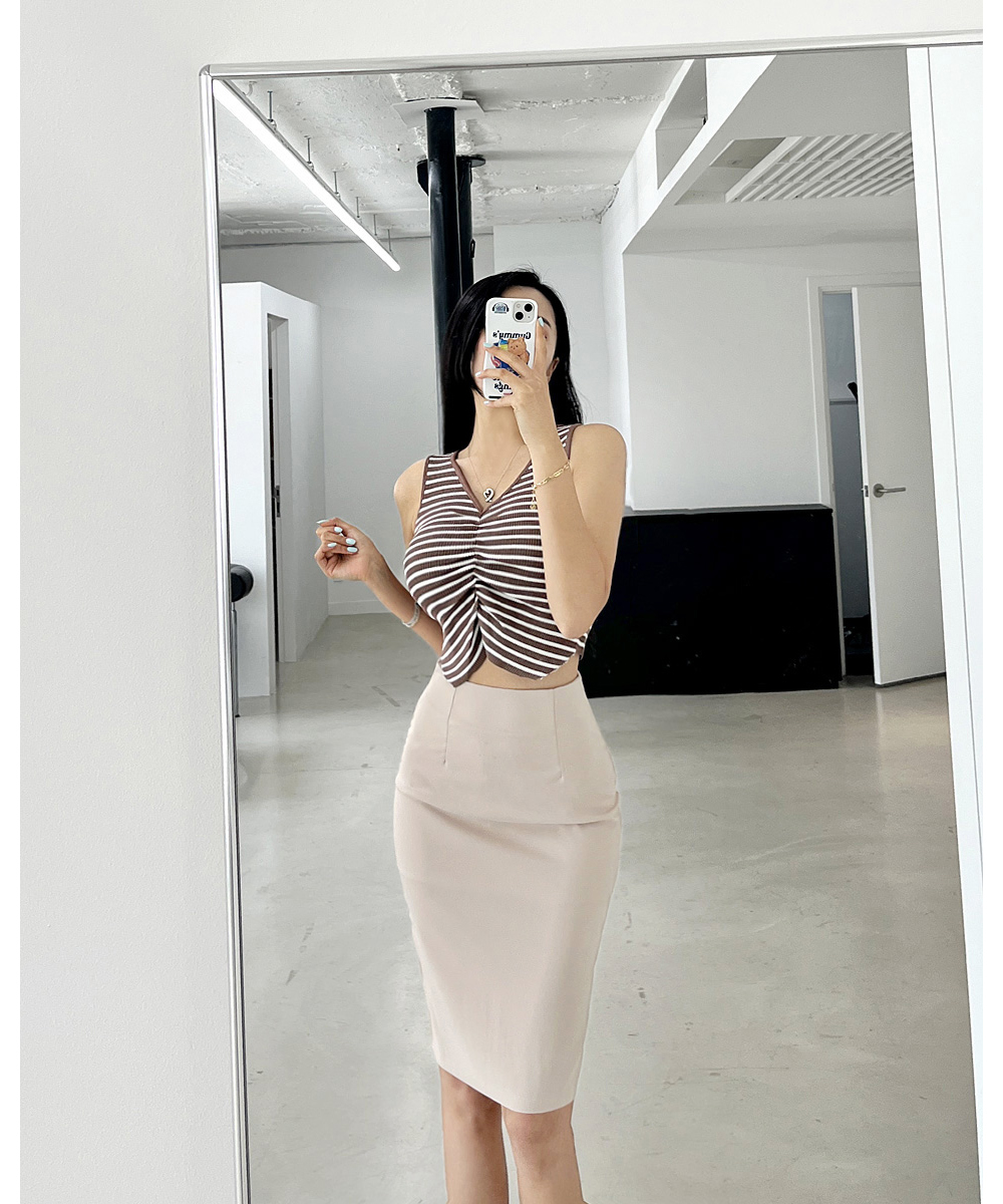 BLANC-CHIC Striped Knit Strap Top | KOODING