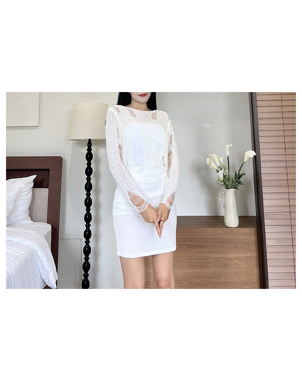 BLANC-CHIC Knit Patchwork See Through Top | KOODING