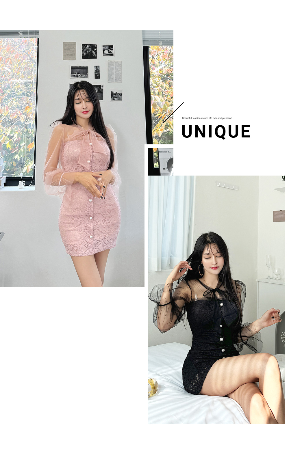 BLANC-CHIC Lace See Through Ribbon Mini Dress | KOODING