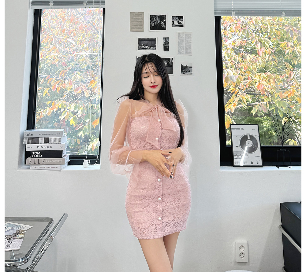 BLANC-CHIC Lace See Through Ribbon Mini Dress | KOODING